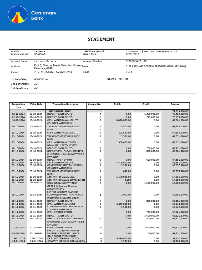Centenary Bank Statement Overview | PDF | Transaction Account ...