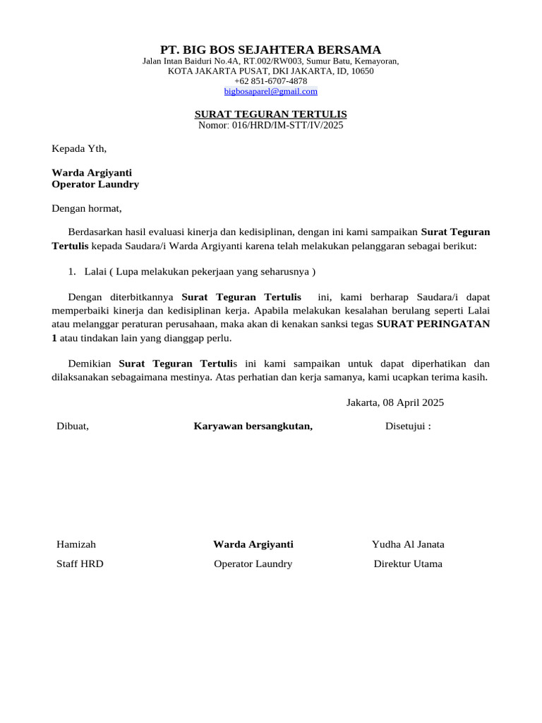 Surat Teguran Tertulis Karyawan PNS | PDF