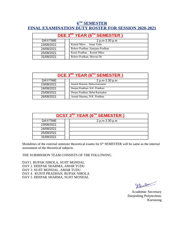 6th SEMESTER FINAL EXM DUTY ROOSTER - AUG'2021 | PDF