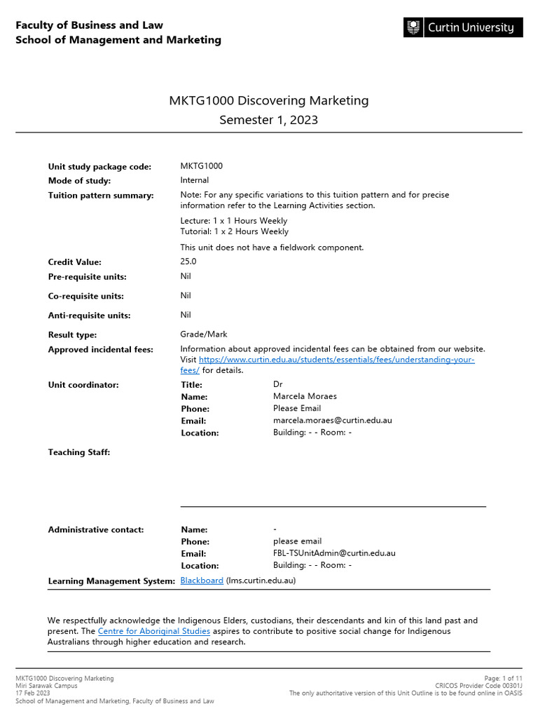 MKTG1000 Discovering Marketing Semester 1 2023 Miri Sarawak Campus INT | PDF | Academic ...