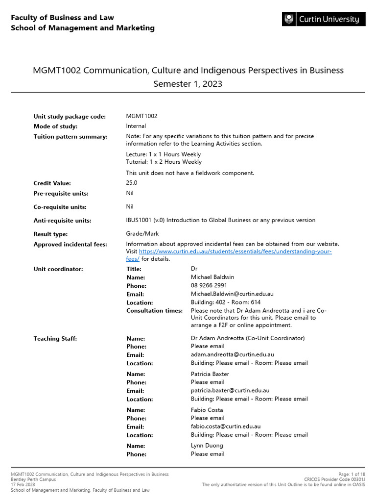 MGMT1002 Communication, Culture and Indigenous Perspectives in Business ...