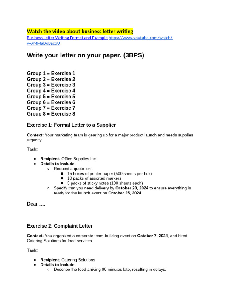 Business Letter exercise (Main) | PDF | Business
