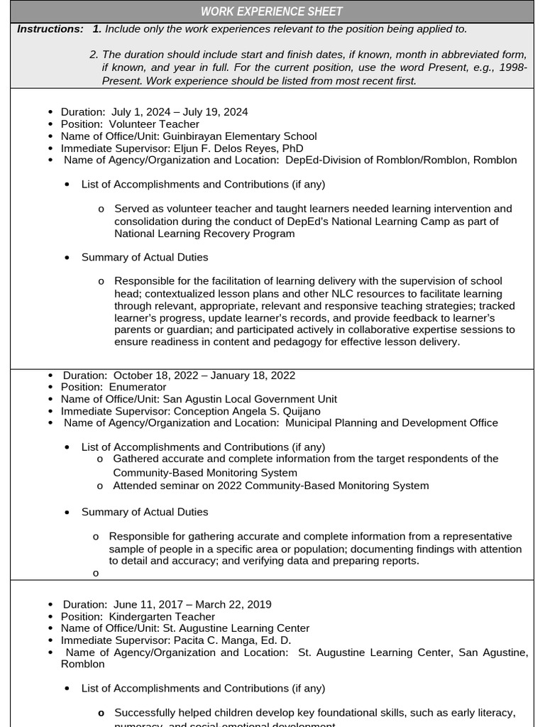 CS Form No. 212 Attachment - Work Experience Sheet | PDF | Teachers ...