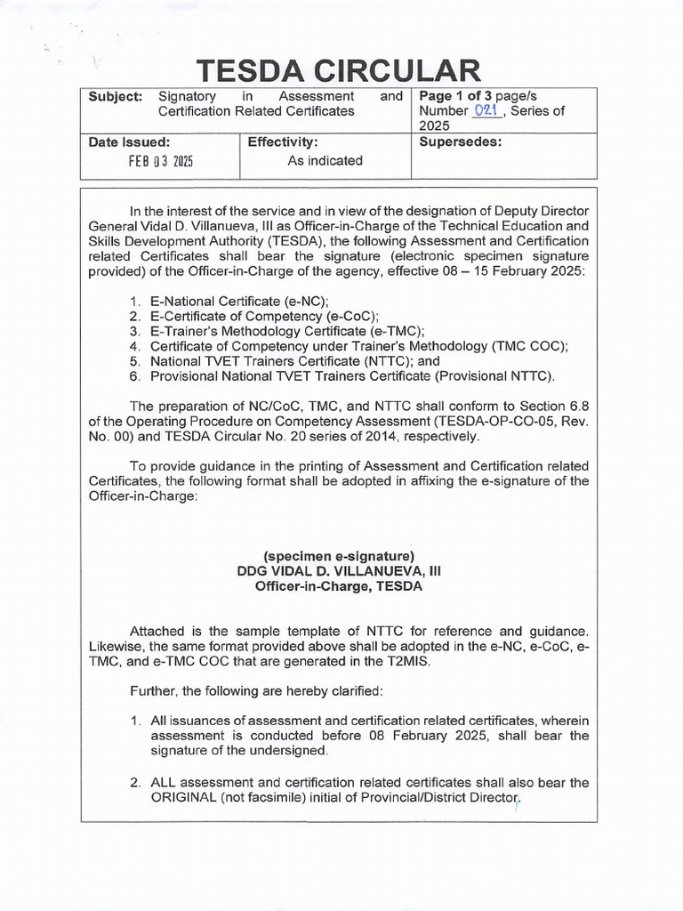 TESDA Circular No. 021-2025 | PDF | Vocational Education | Signature