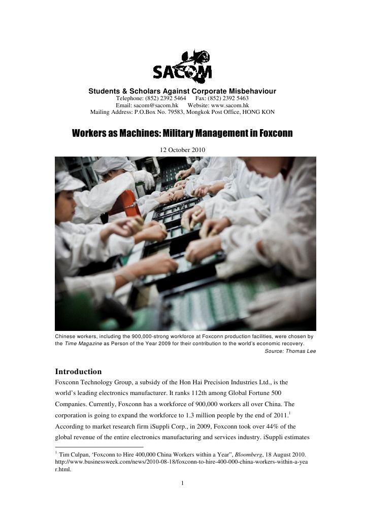 Report On Foxconn Workers As Machines Sacom | PDF