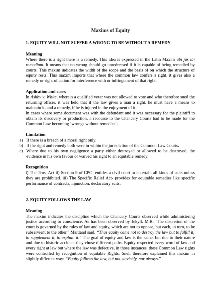 Key Maxims of Equity Explained | PDF | Mortgage Law | Legal Remedy