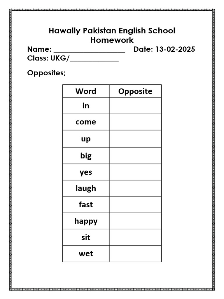UKG Opposite Words Worksheet | PDF