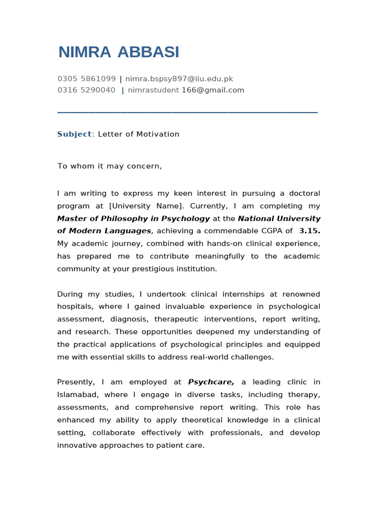 Doctoral Program Motivation Letter | PDF