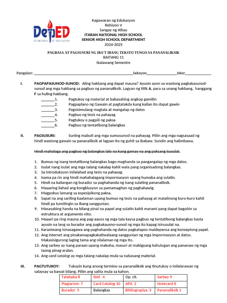 Final Exam Grade 11 Pagbasa at Pagsusuri | PDF