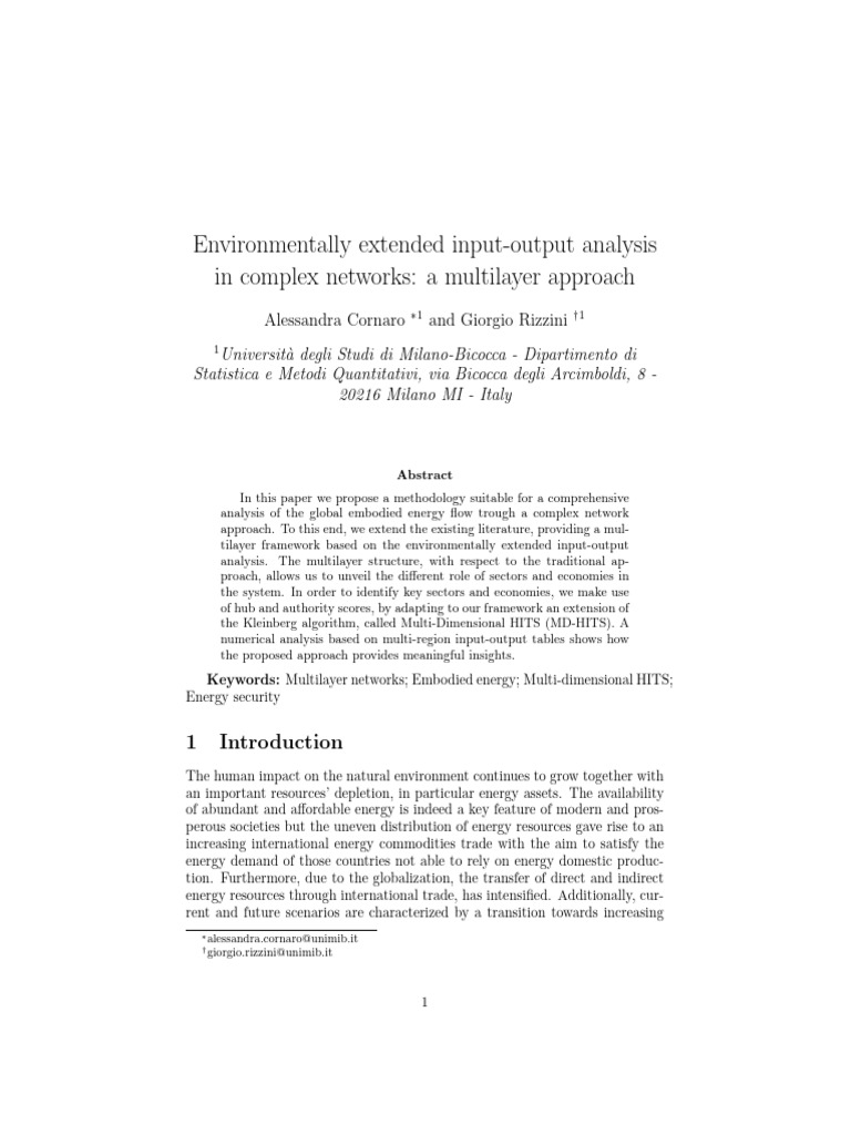 Cornaro 2022 Environmentally Extended Input-Output Analysis in Complex ...