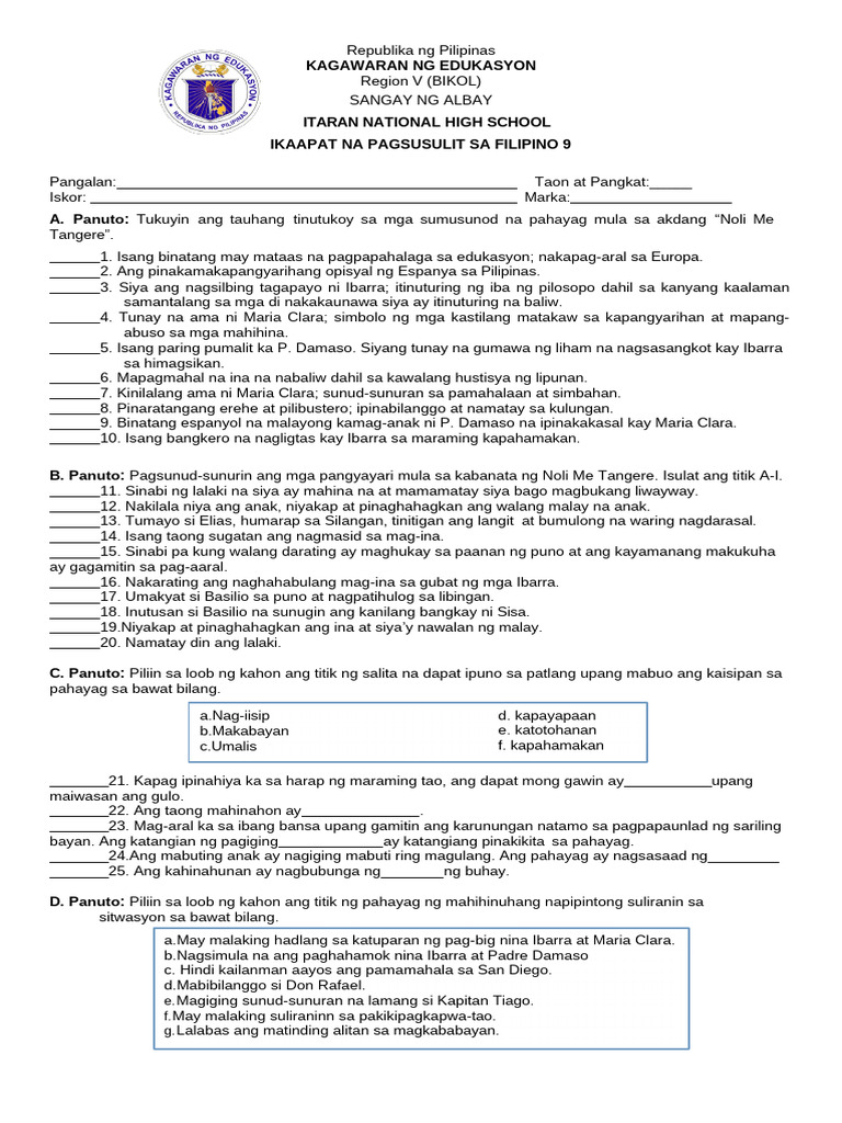 Ikaapat Na Pagsusulit Sa Filipino 9 | PDF