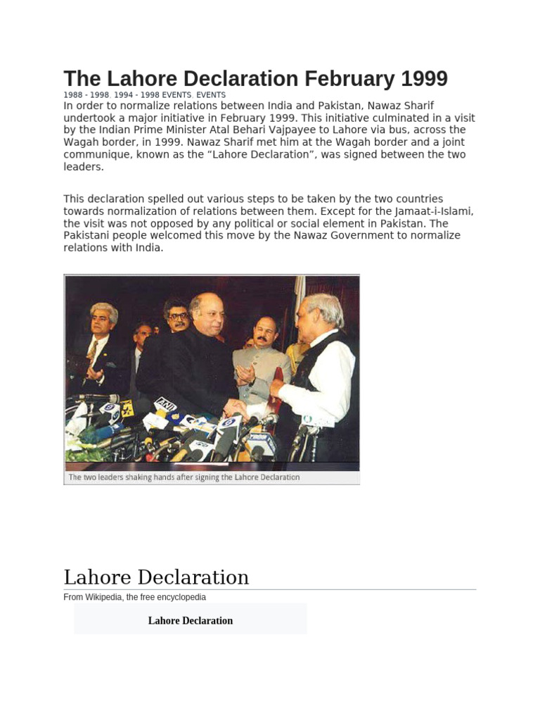 The Lahore Declaration February 1999 | PDF | International Relations ...
