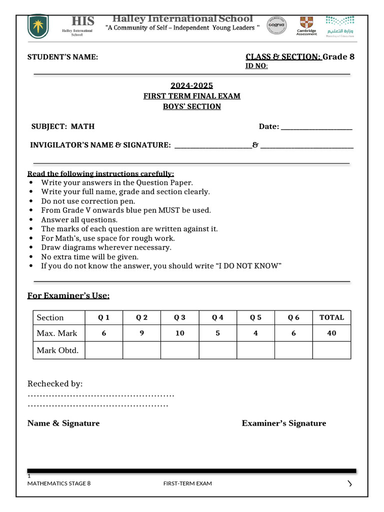 Grade 8 Math Final Exam Instructions | PDF