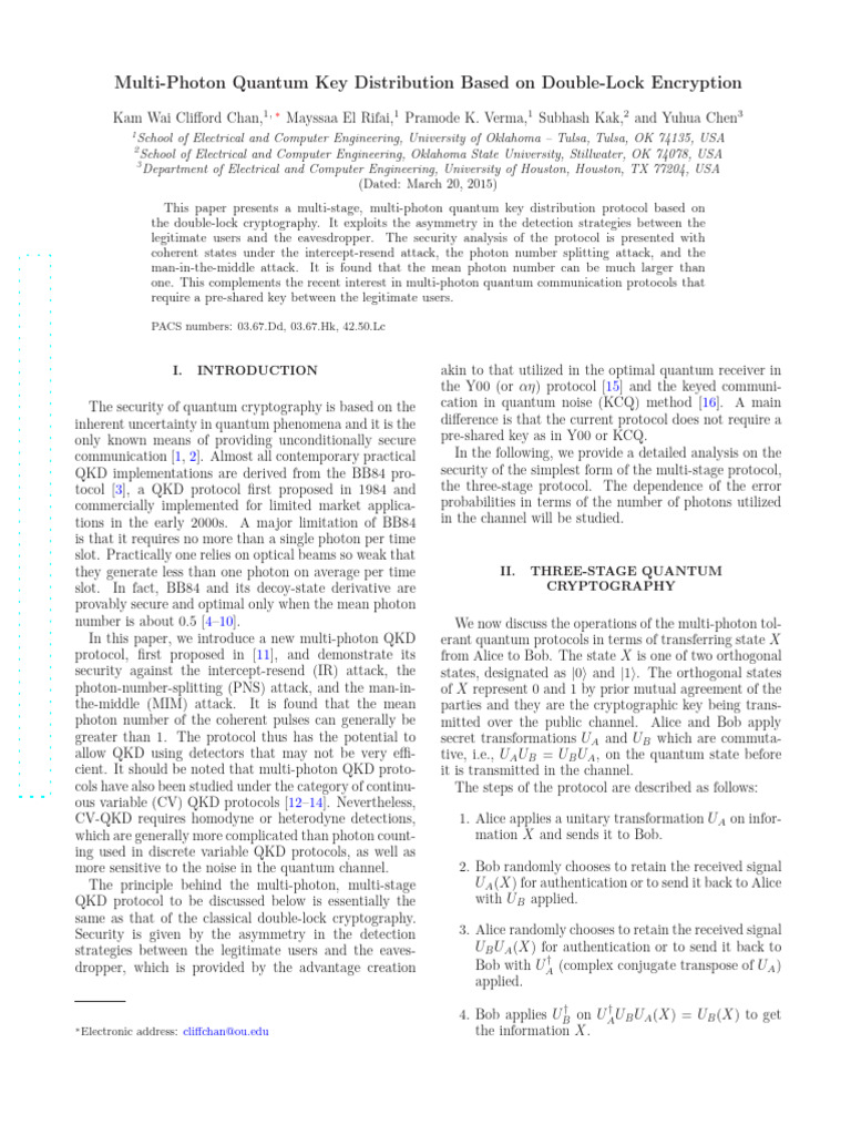 Multi-Photon Quantum Key Distribution - Subhash Kak | PDF | Quantum Mechanics | Applied Mathematics