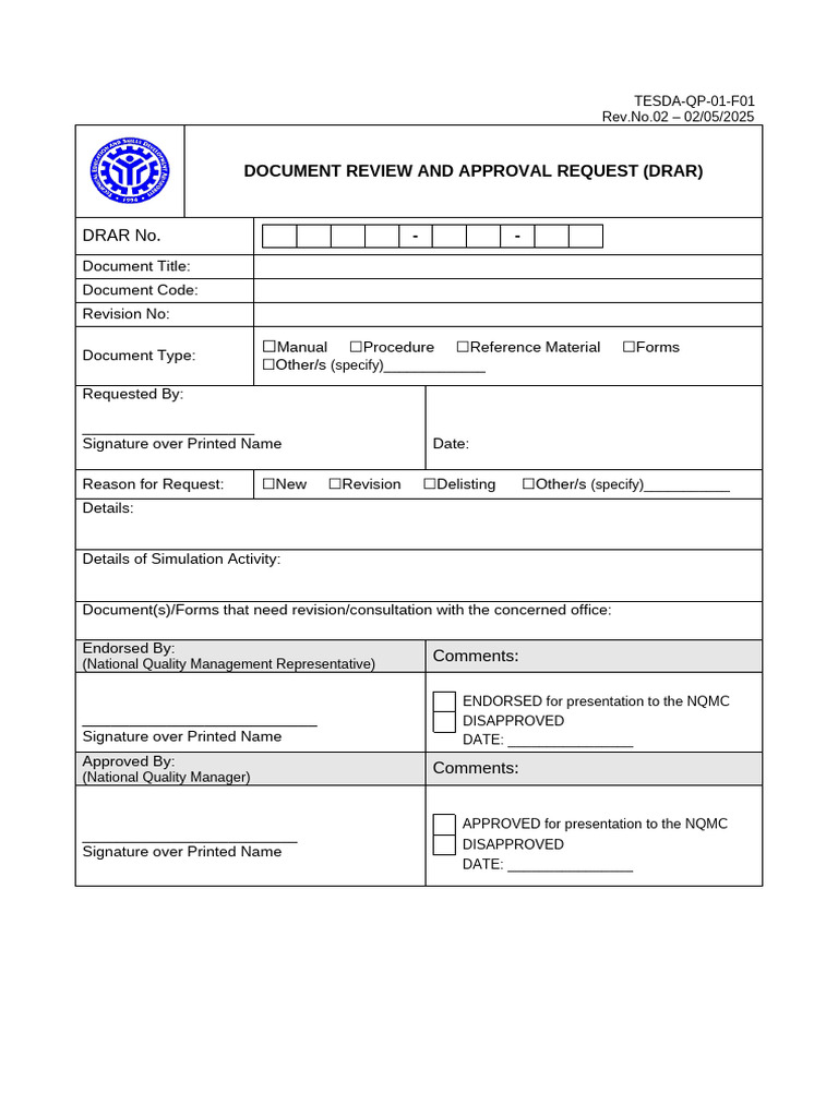 TESDA-QP-01-F01 Document Review and Approval REquest (DRAR) Revision No ...
