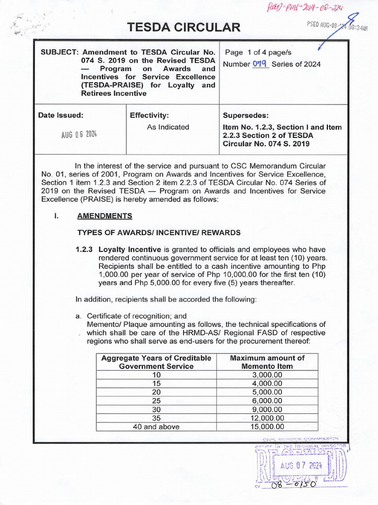 TESDA Circular 01R: 2024 Incentives Update | PDF | Government | Justice