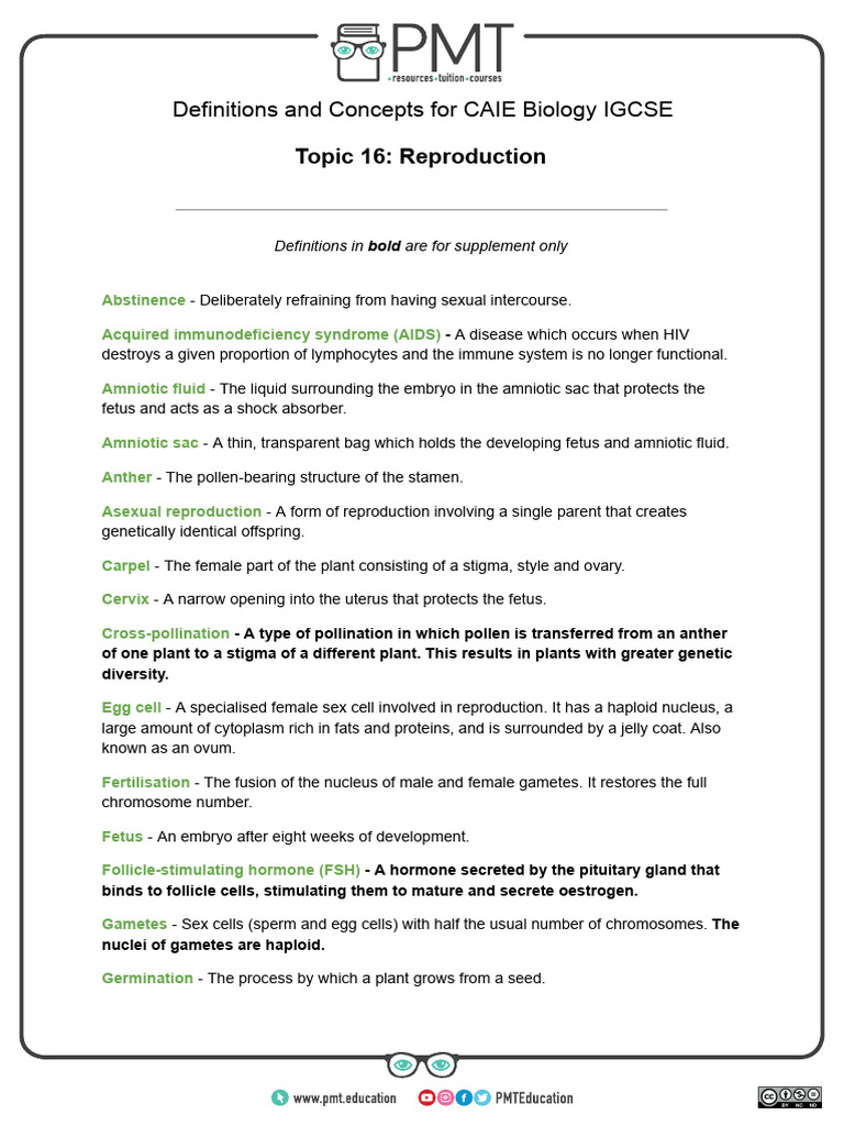 Definitions - Topic 16 Reproduction - CAIE Biology IGCSE | PDF | Sexual ...