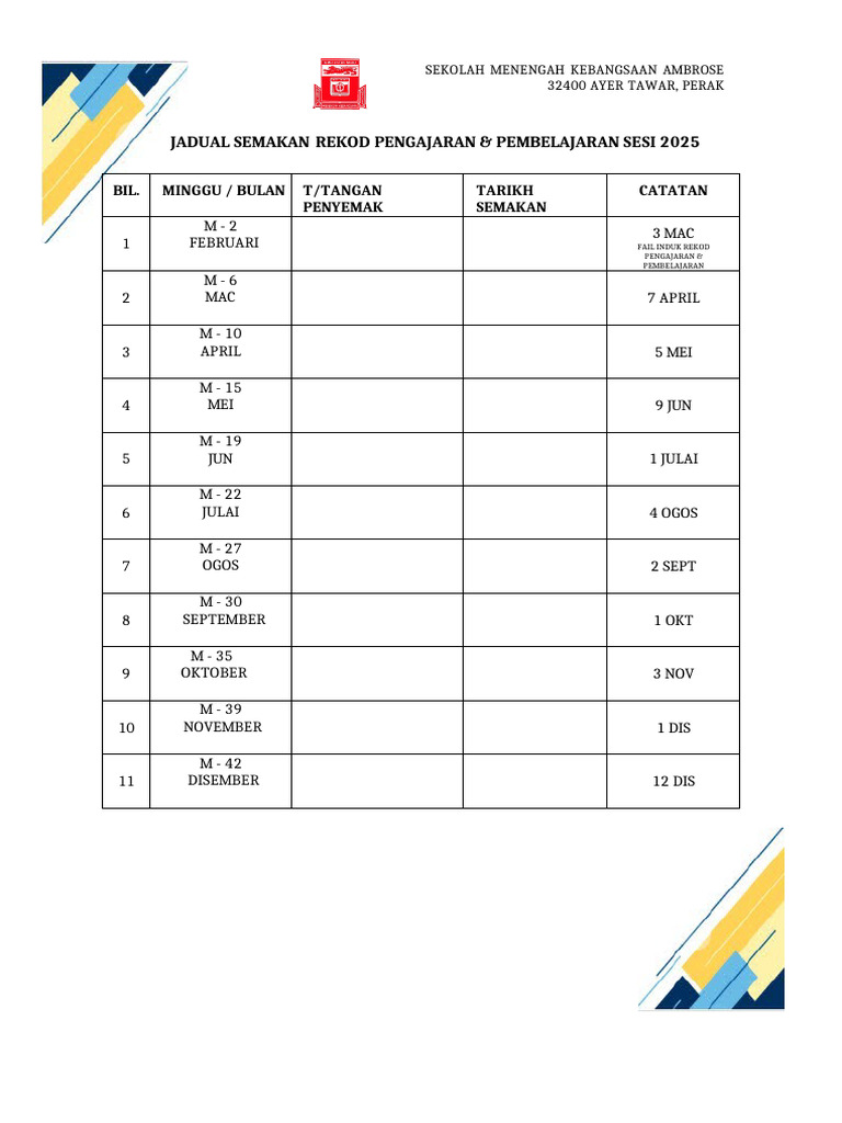 Jadual Semakan Fail Rekod Pengajaran | PDF