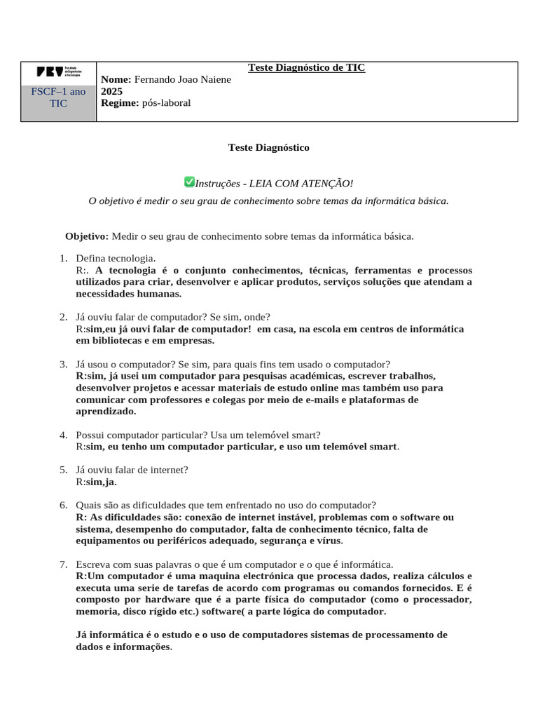 Teste Diagnostico TIC Dir Fscf FERNANDO NAIENE | PDF | Tecnologia da ...