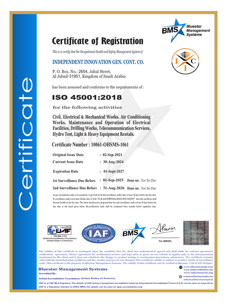 ISO 45001:2018 Certification for BMSPL | PDF