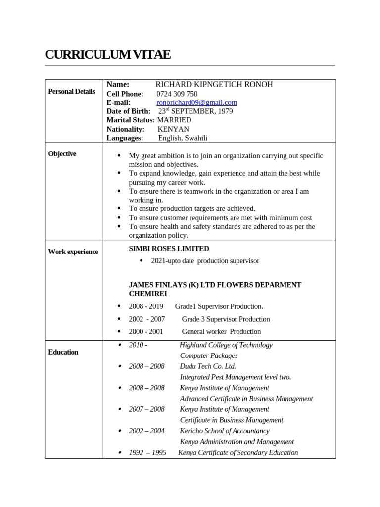 Curriculum Vitae For Richard Rono | PDF | Kenya