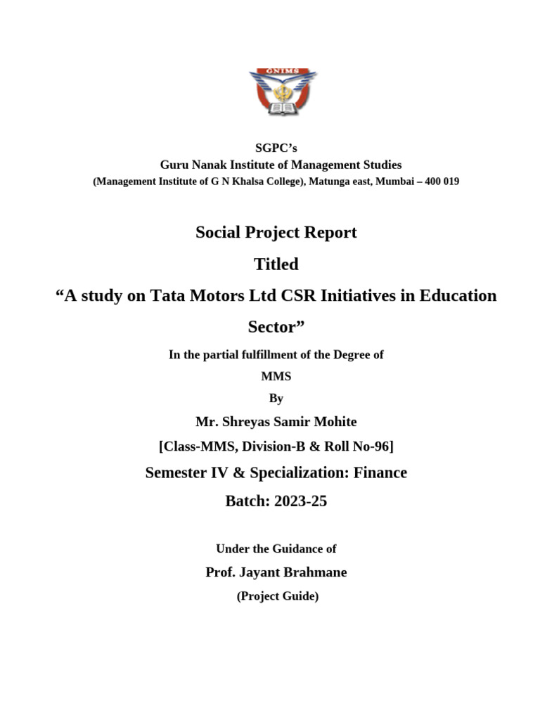 Study On CSR Activities of Tata Motors in Education Sector // 2024-25 ...