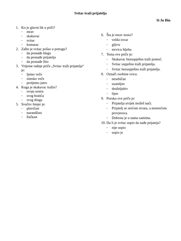 Svitac traži prijatelja - nastavnički listić | PDF