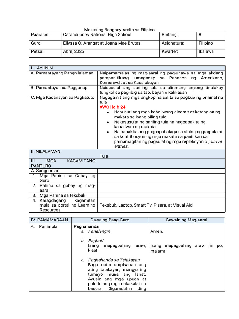 DLP PEER TEACHING PANULAAN | PDF