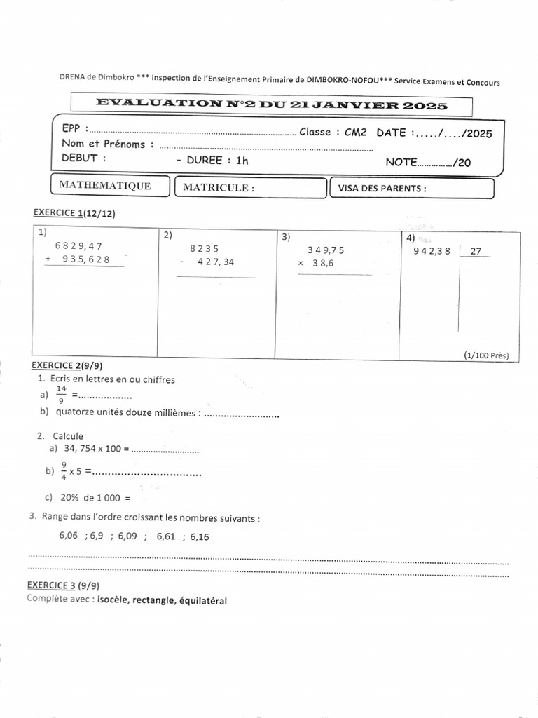 COMPOSITION N 2 MATHS CM2 de Janvier 2025 | PDF