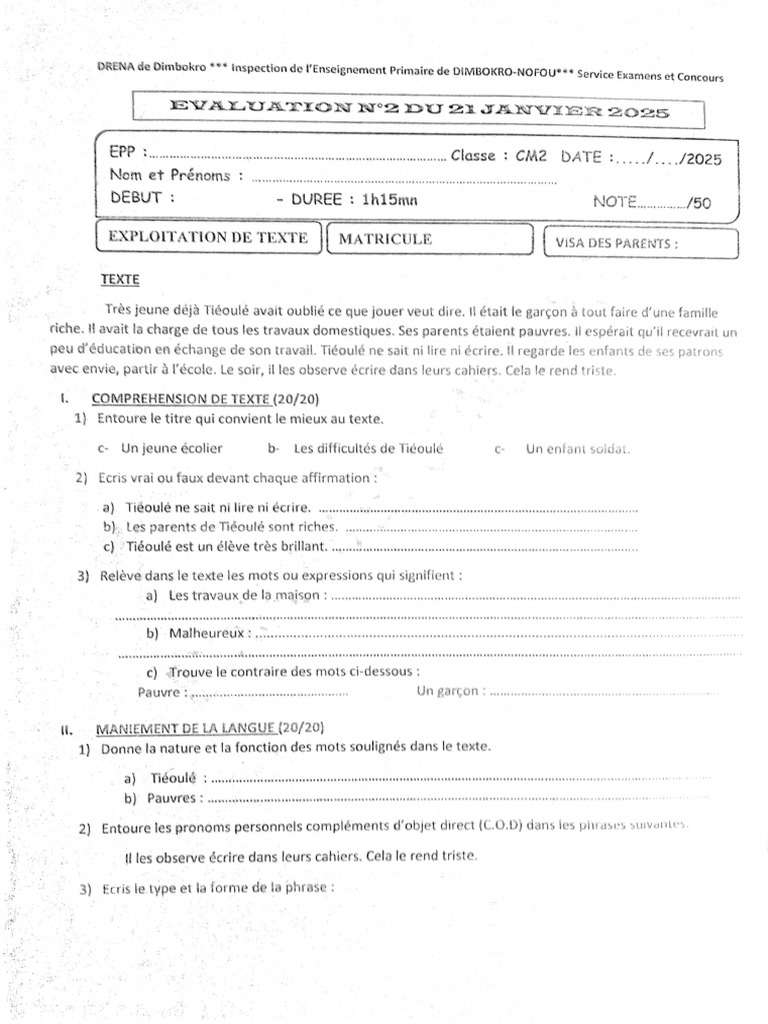 COMPOSITION N 2 Exploitation de Texte CM2 de Janvier 2025-IEPP NOFOU | PDF