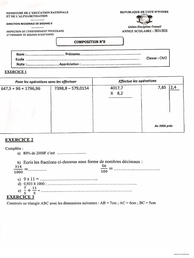COMPOSITION N 2 Mathématiques CM2 de Janvier 2025-IEPP BOUAKE | PDF