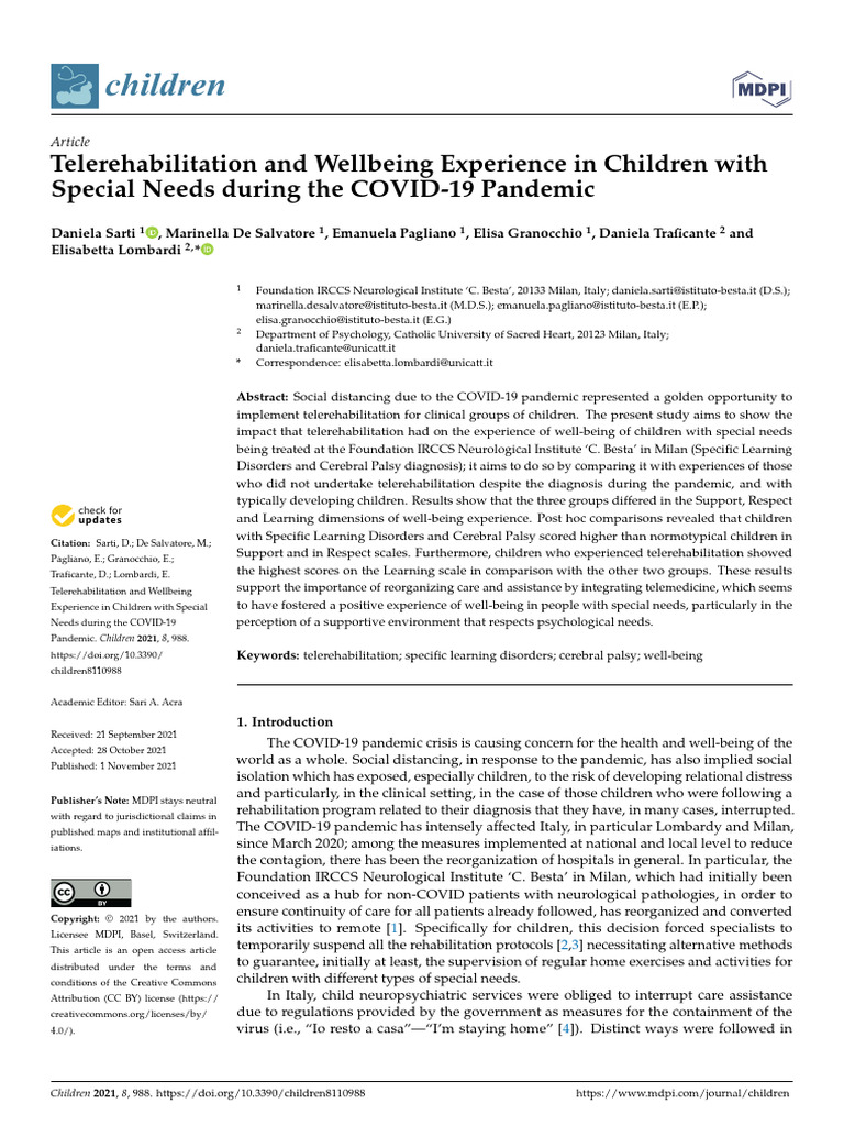 Telerehabilitation and Wellbeing Experience in Children With Special ...