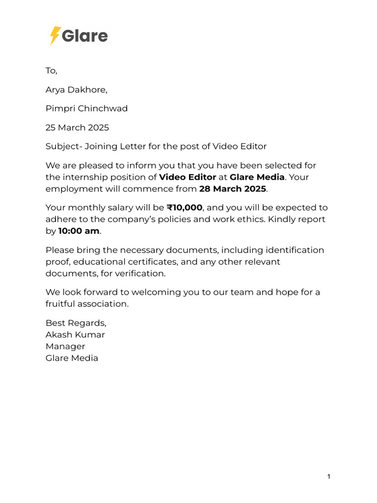 Joining Letter | PDF
