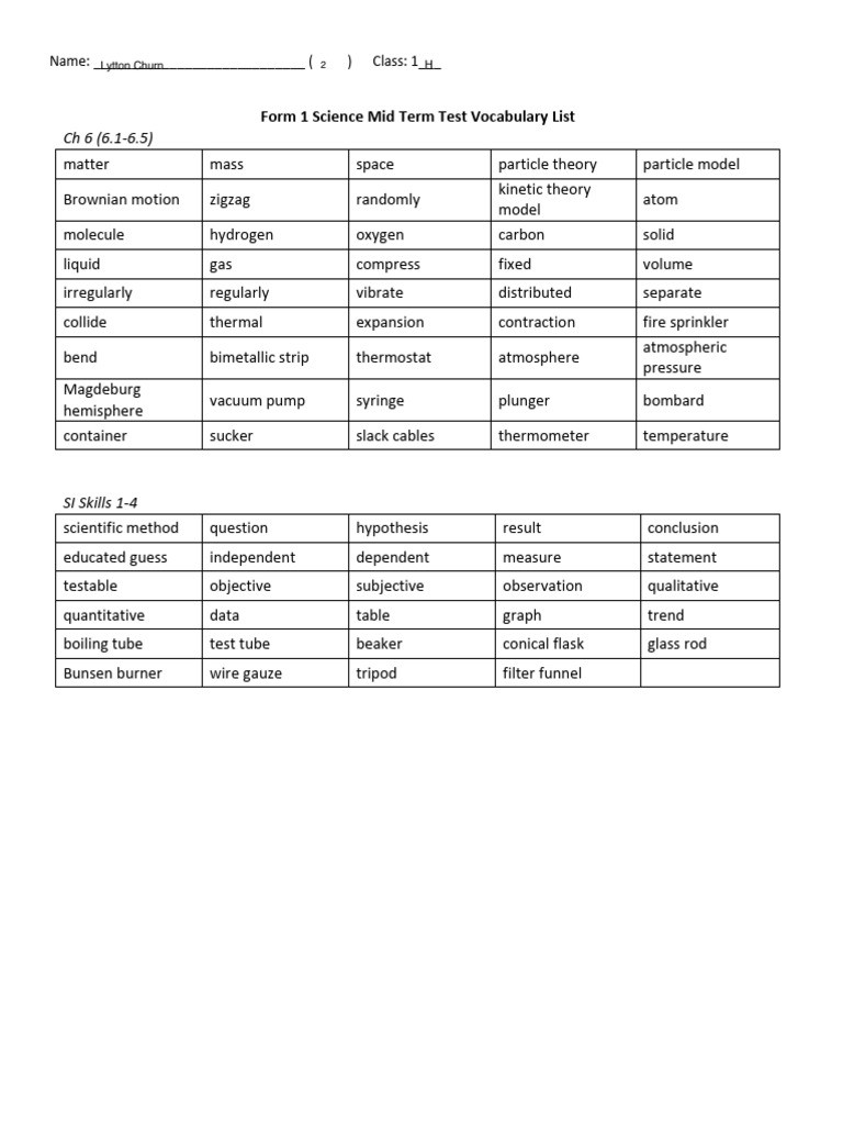 Form 1 Science Mid Term Test Vocabulary List 2425 1 | PDF