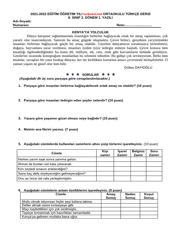 Sinif 2. Donem 1. Sinav Klasik Bilal KIS | PDF