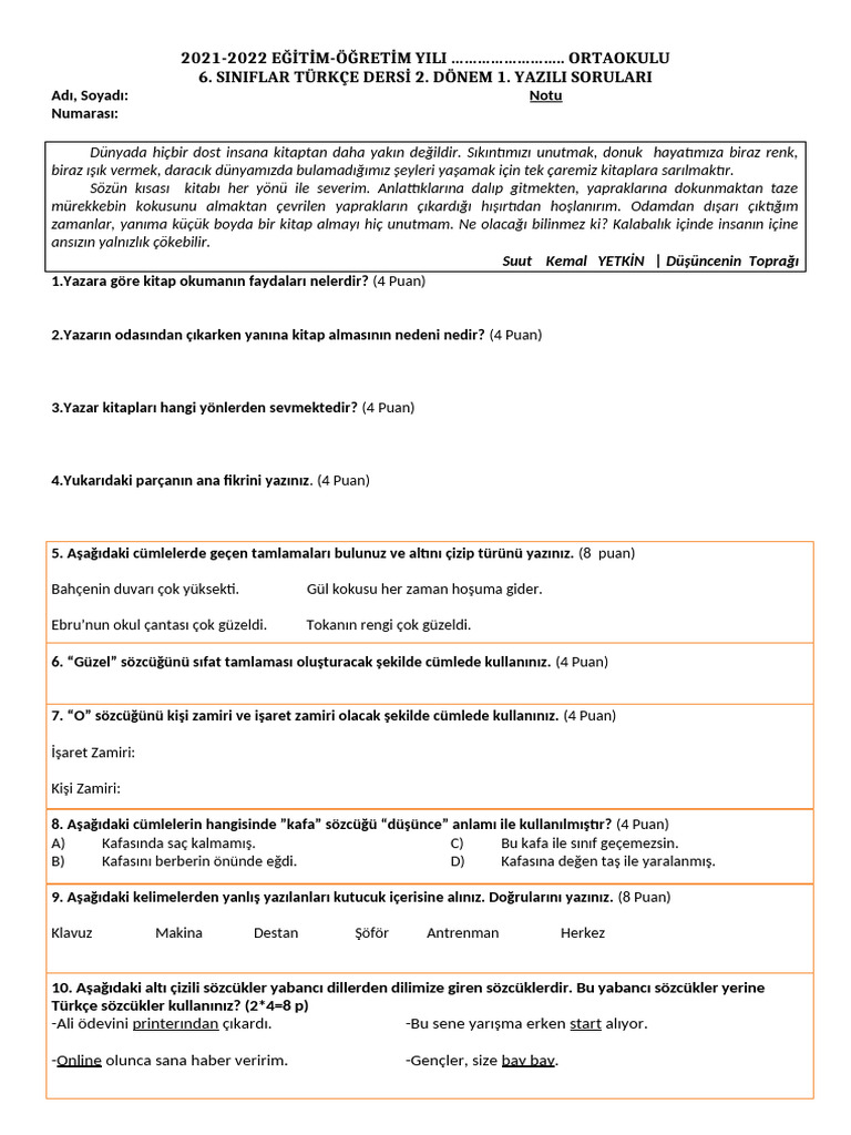 Sinif 2. Donem 1. Sinav Kubilay Oral | PDF