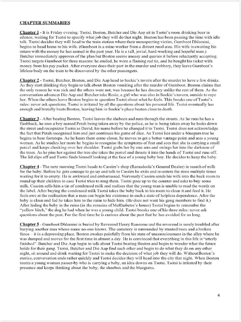 Tsotsi Chapter 1 To 5 Summary | PDF