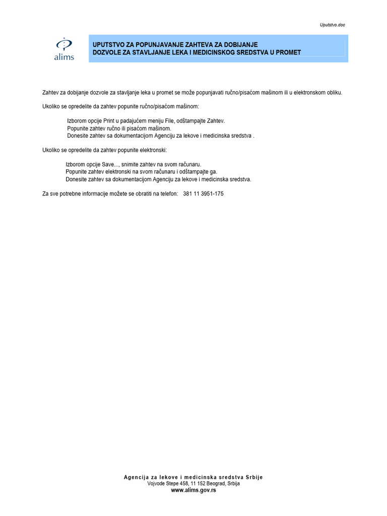 Uputstvo Za Popunjavanje Zahteva Za Dobijanje Dozvole Za Stavljanje Leka U Promet | PDF