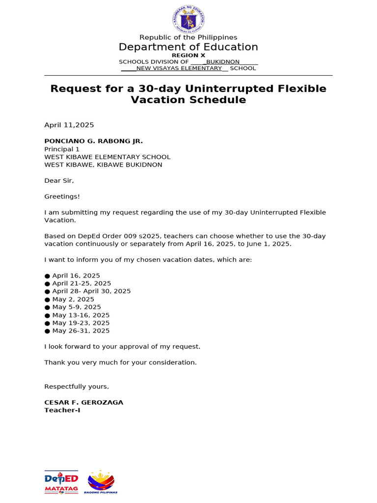 letter-Request-Uninterrupted-Vacation - PAPA | PDF
