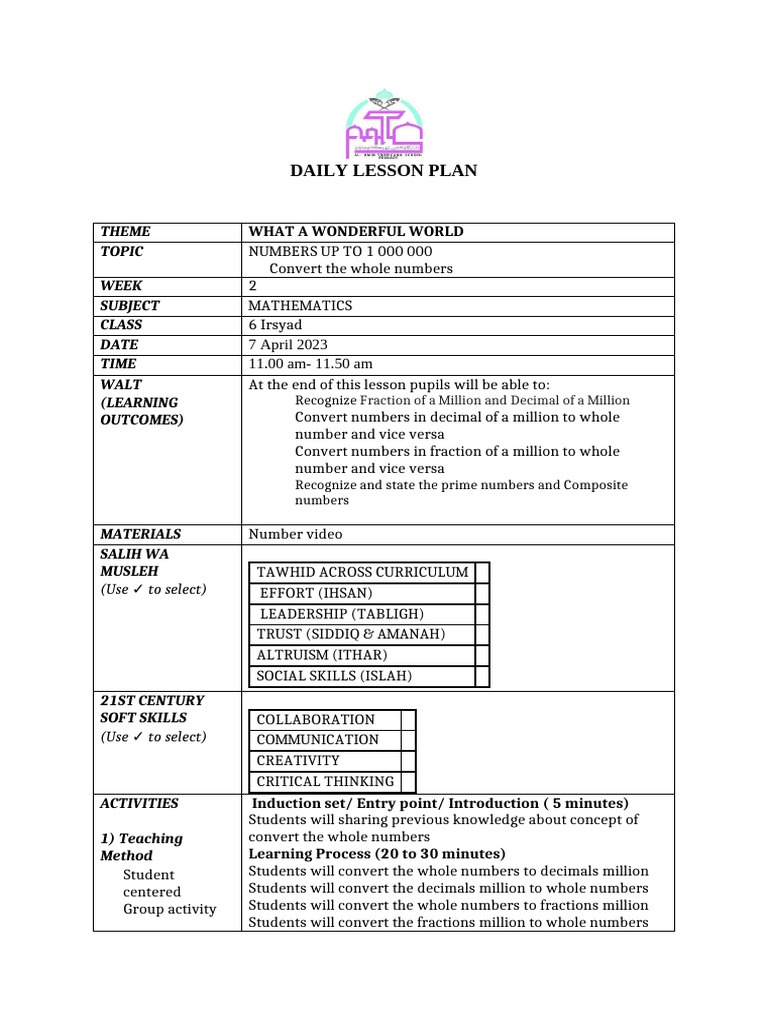 Lesson Plan: Converting Numbers 1-1M | PDF