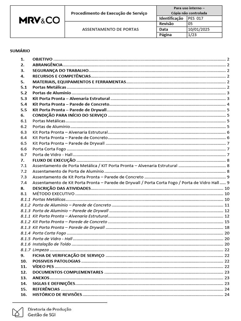 PES 017 - Assentamento de Portas REV05 | PDF | Drywall | Argamassa (alvenaria)