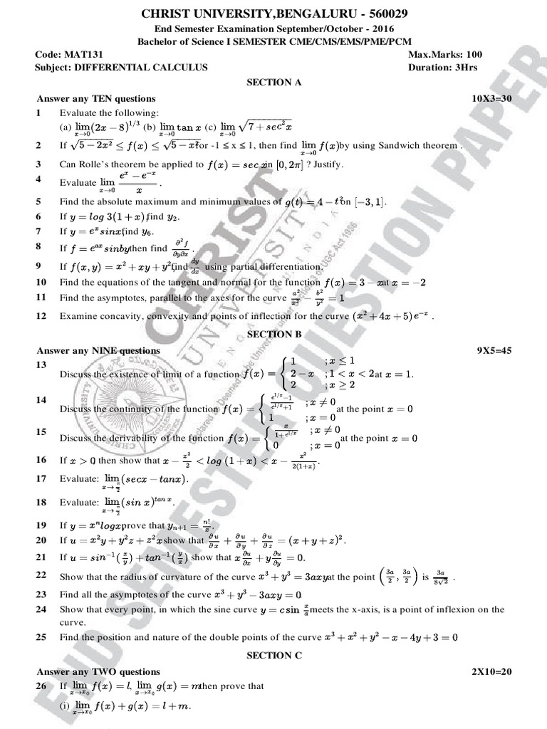 2016 Christ QP - Differential Calculus | PDF | Mathematical Objects | Analytic Geometry
