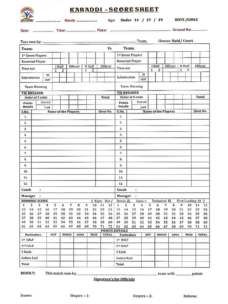 Games Score Sheet Kabbaddi | PDF