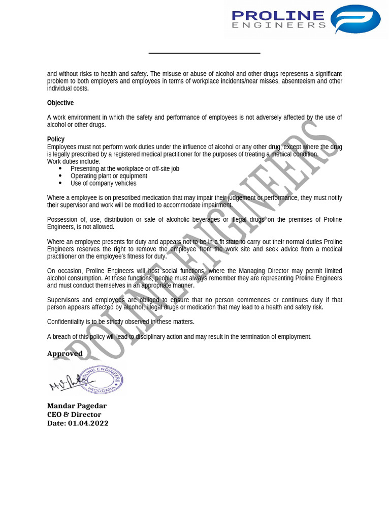Drug and Alcohol Policy - Proline Engineers | PDF