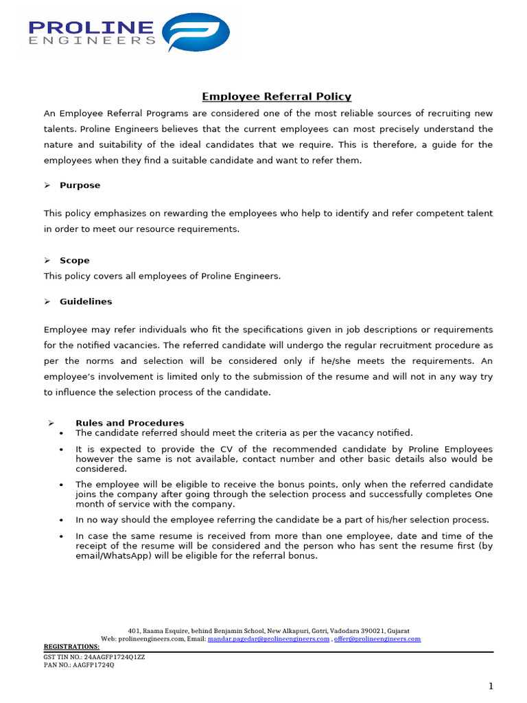 Proline Engineers Employee Referral Policy | PDF | Recruitment | Résumé