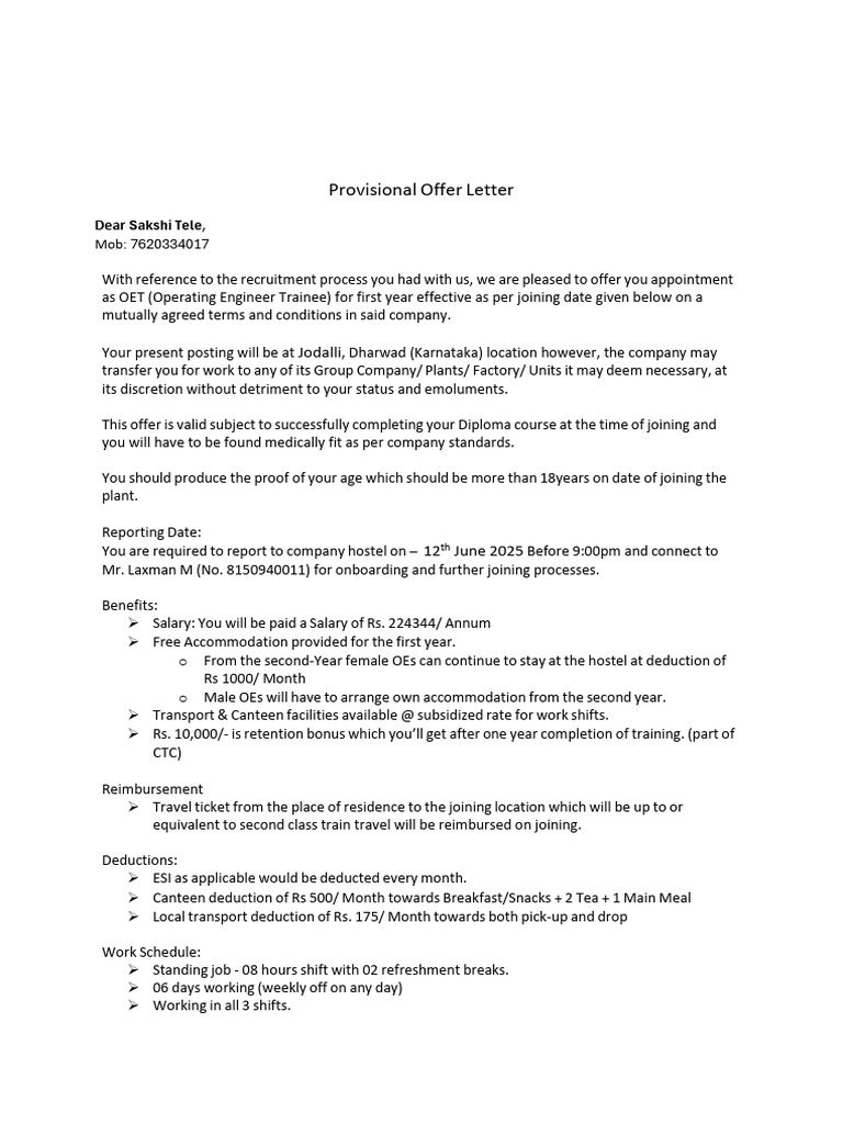 Provisional Offer Letter for OET Position | PDF