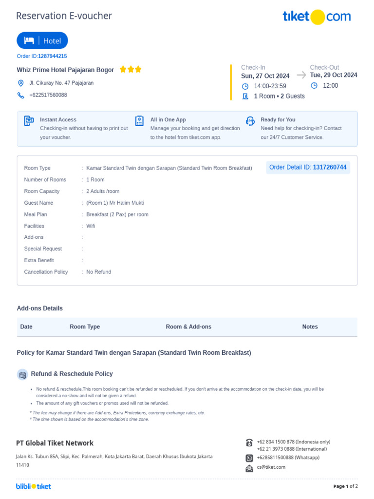 Hotel E-Voucher - Order ID 1287944215 | PDF | Credit Card | Business