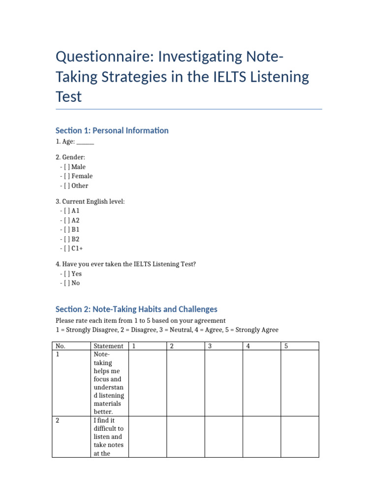 IELTS_Note_Taking_Questionnaire_Updated | PDF | International English ...