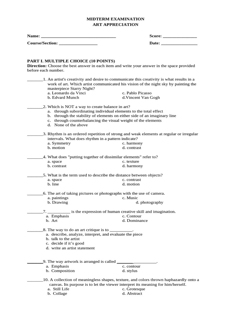 Midterm Exam Art Appreciation | PDF | Composition (Visual Arts) | The Arts