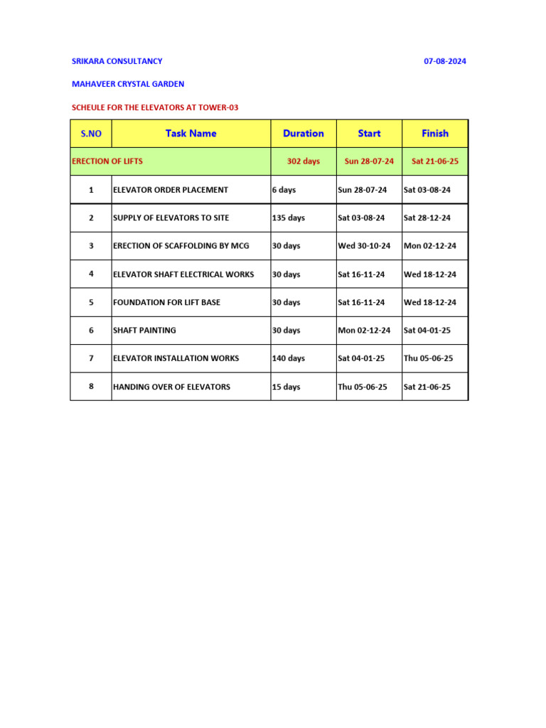 Schedule For The Elevators - Tower-03 | PDF